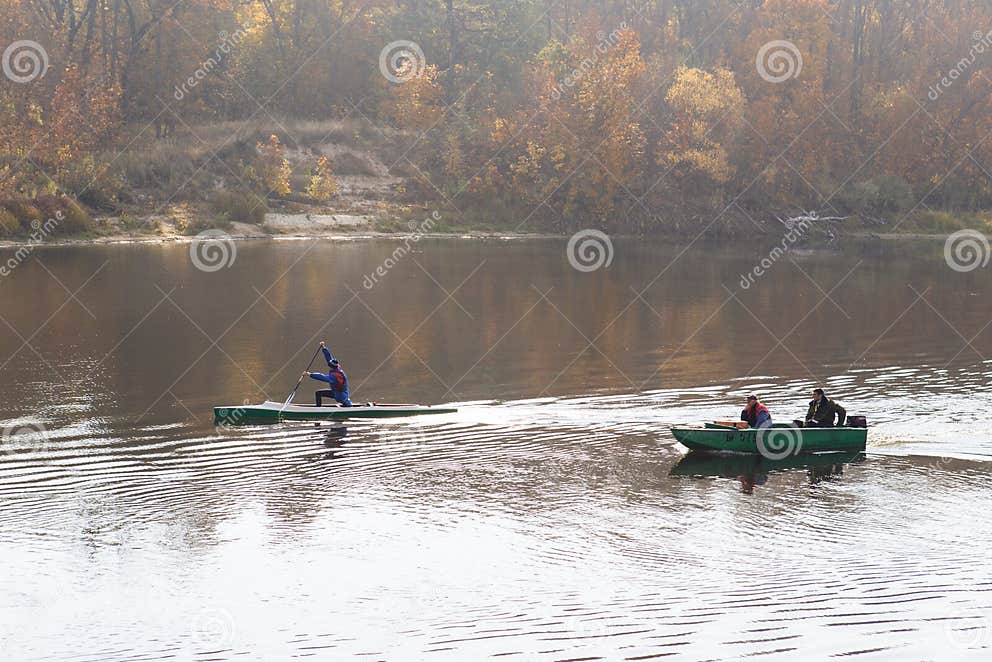 Rowing and Canoe Float Down the River in Autumn Stock Photo - Image of ...