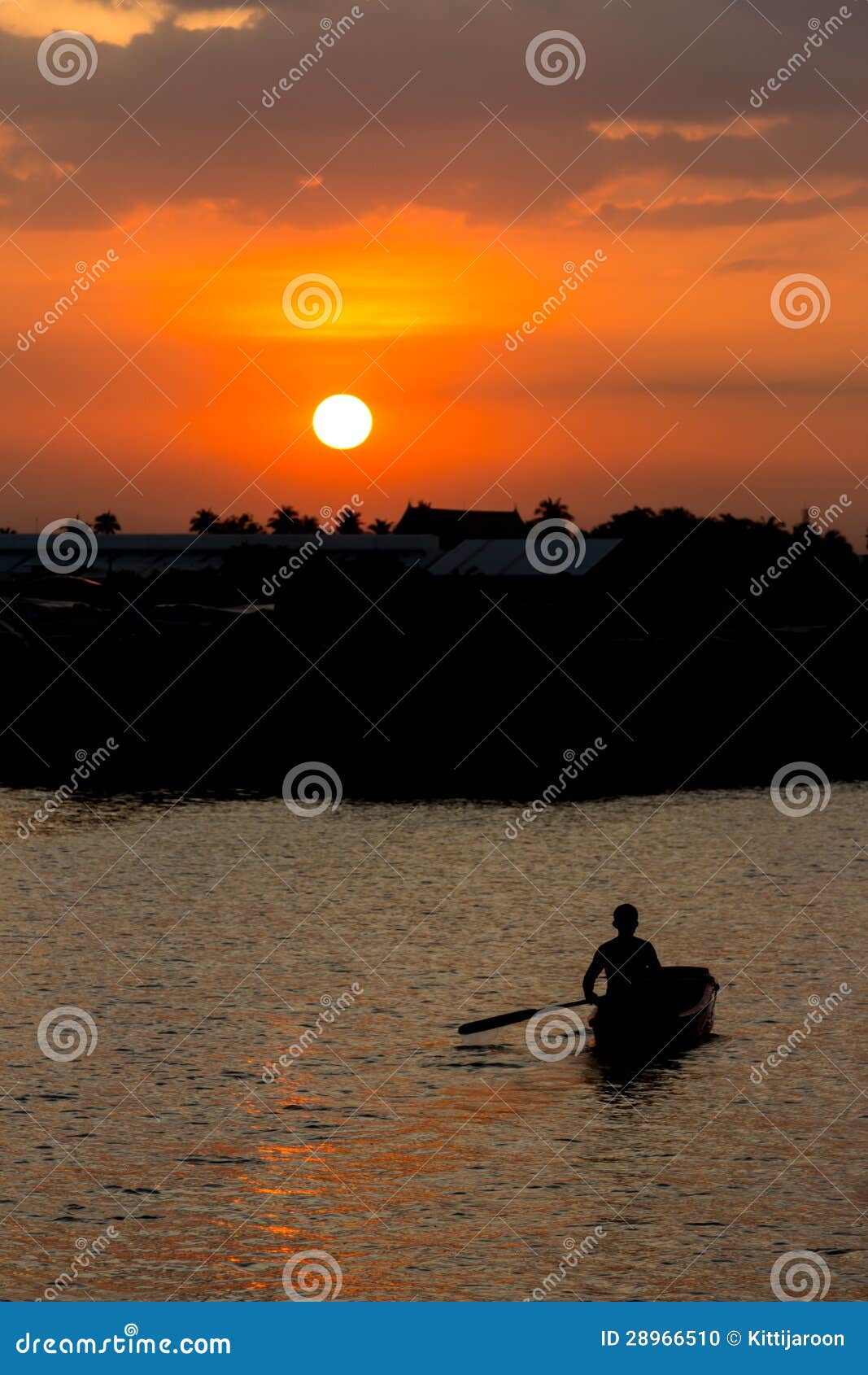 Rowing Man in Boat at Sunset Stock Photo - Image of path, relaxation ...