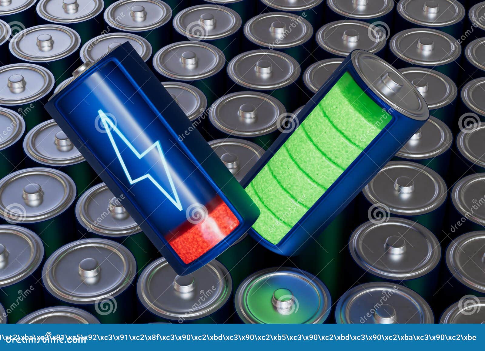 Rows Of Rechargeable Car Battery 12V Accumulators With Abstract Label ...