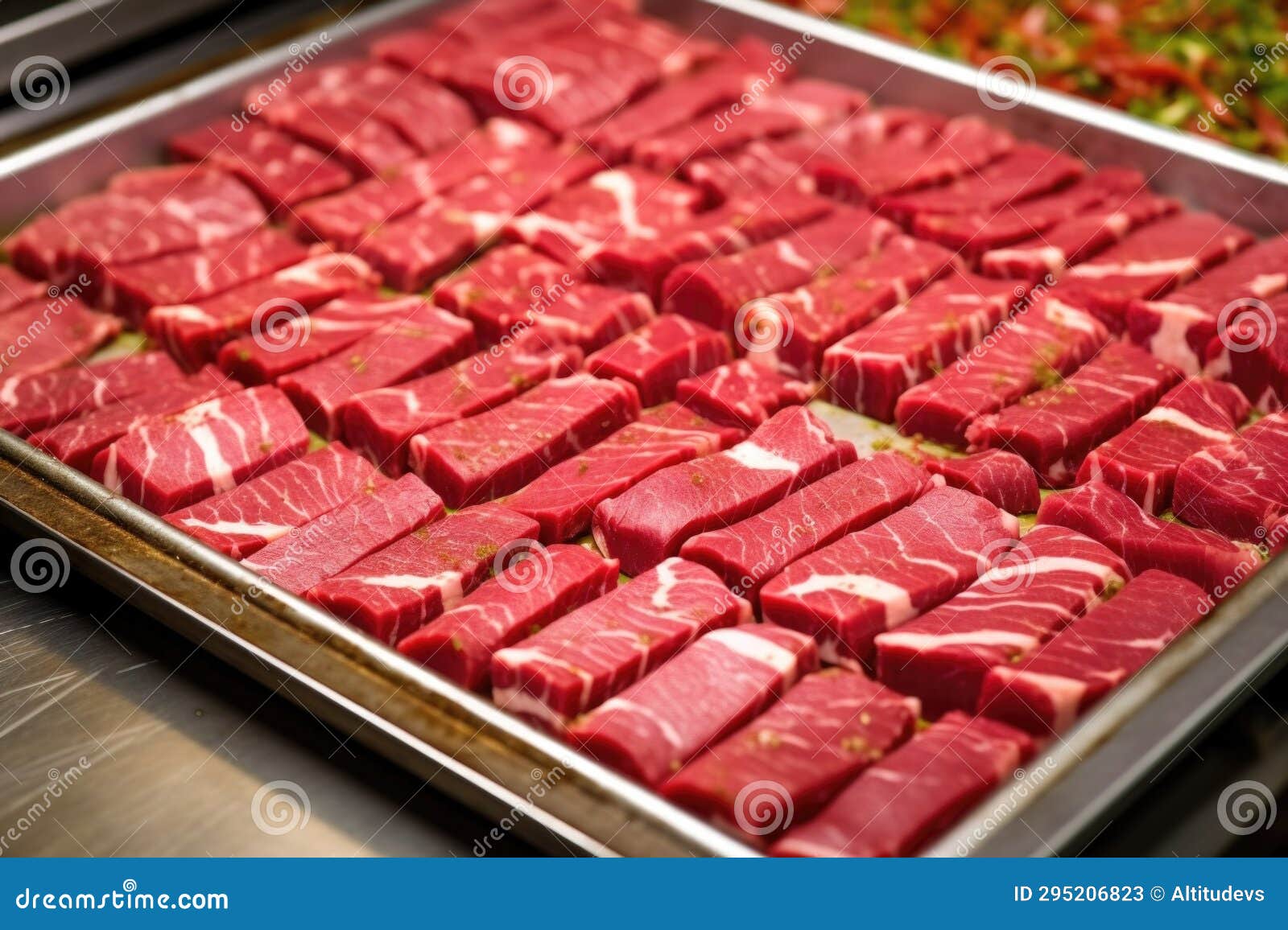 Rows of Beef Slices Arranged on a Stainless Steel Tray Stock Image ...
