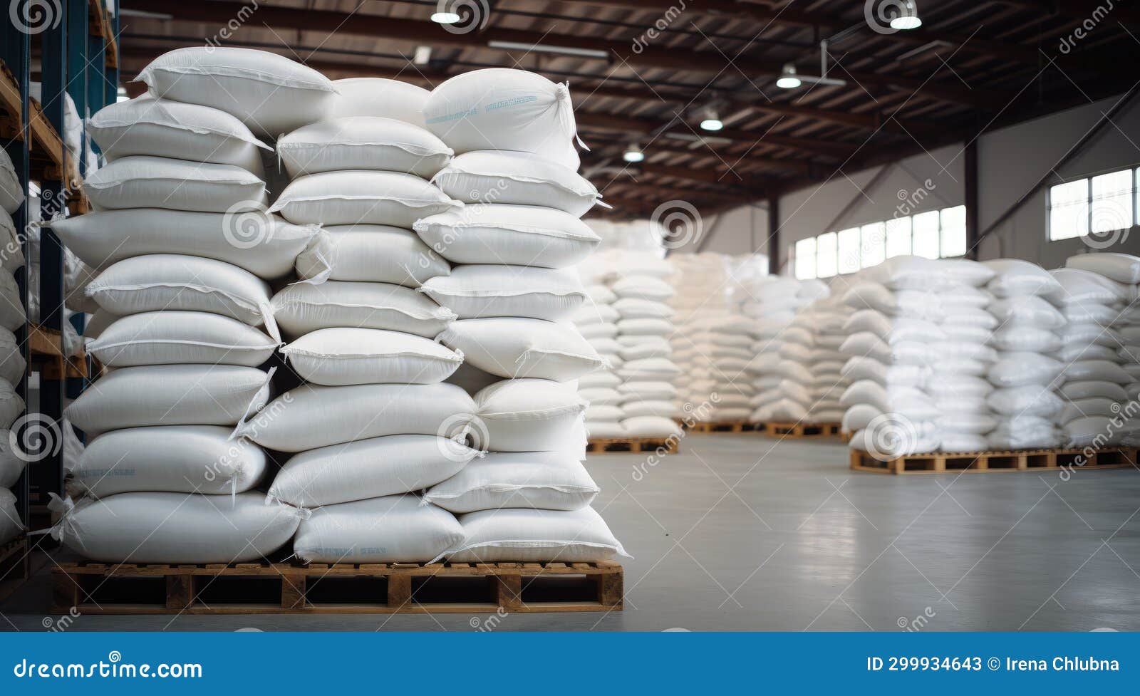 Rows of Big White Sacks at Large Warehouse in Modern Factory Stock ...