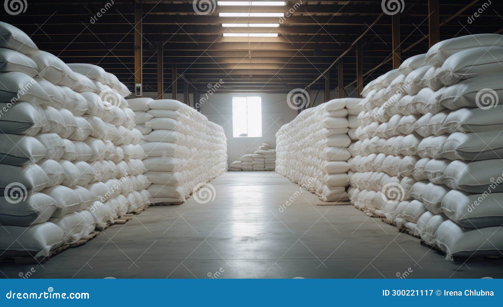 Rows of Big White Sacks at Large Warehouse in Modern Factory Stock ...