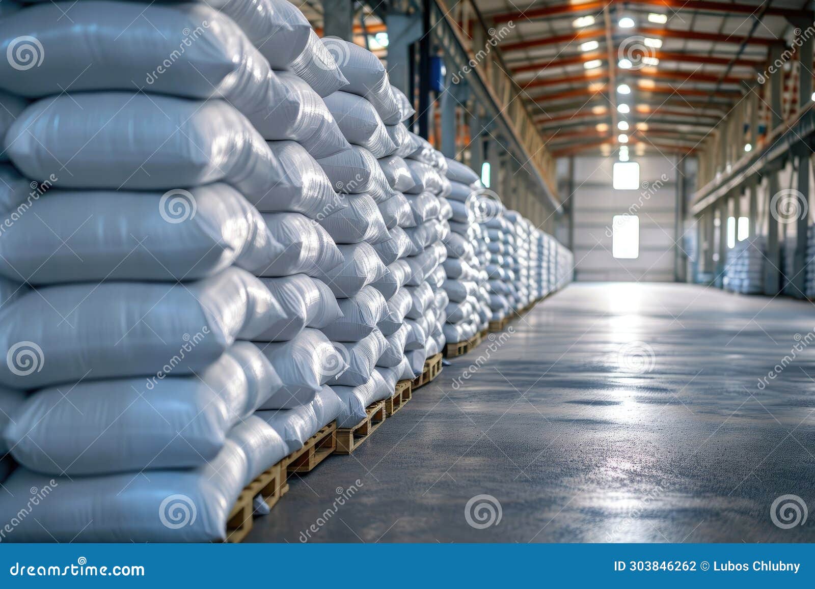 Rows of Big White Sacks at Large Warehouse in Modern Factory Stock ...