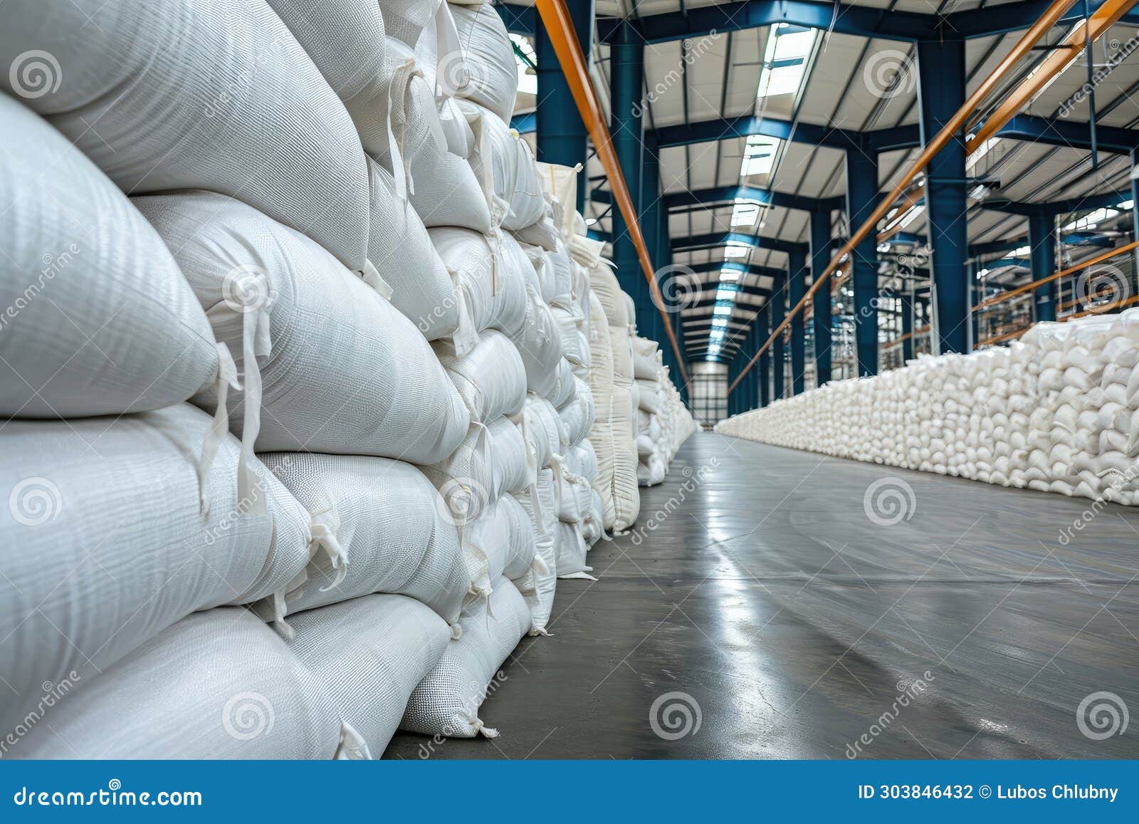 Rows of Big White Sacks at Large Warehouse in Modern Factory Stock ...