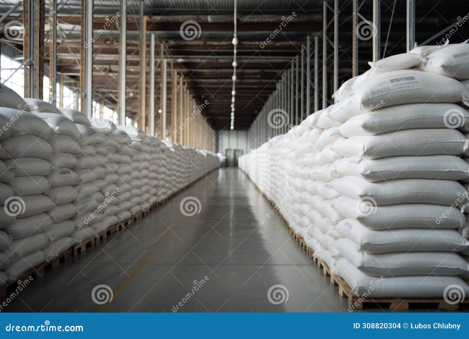 Rows of Big White Sacks at Large Warehouse in Modern Factory Stock ...