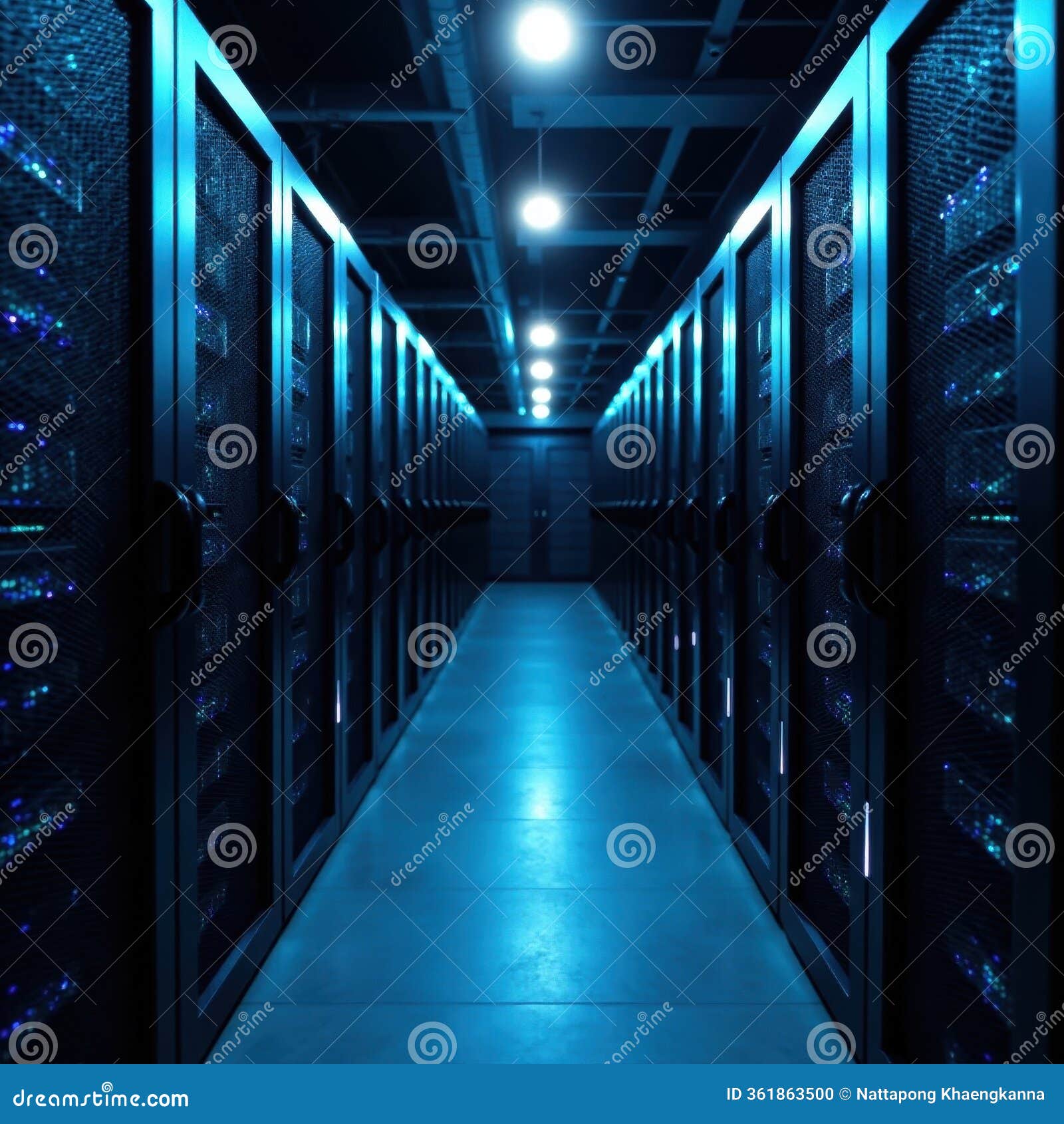 Rows of Black Server Racks Cool Blue Illumination Technology Storage ...