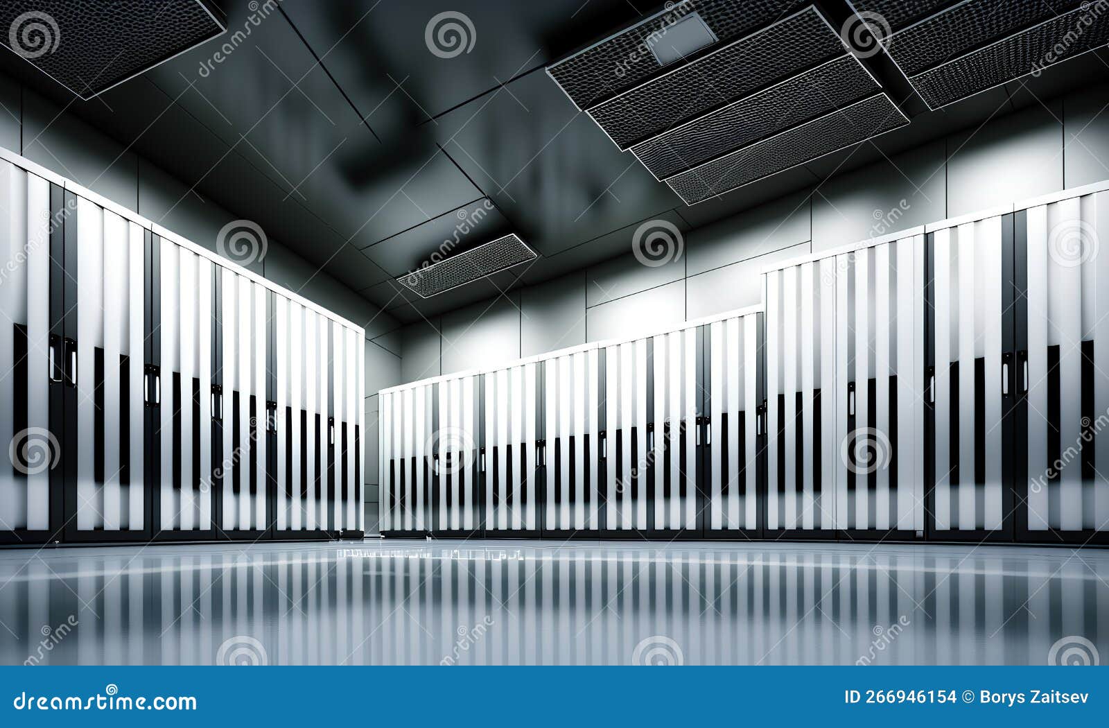 Rows of White and Black Cabinets with Closed Doors, Front View ...