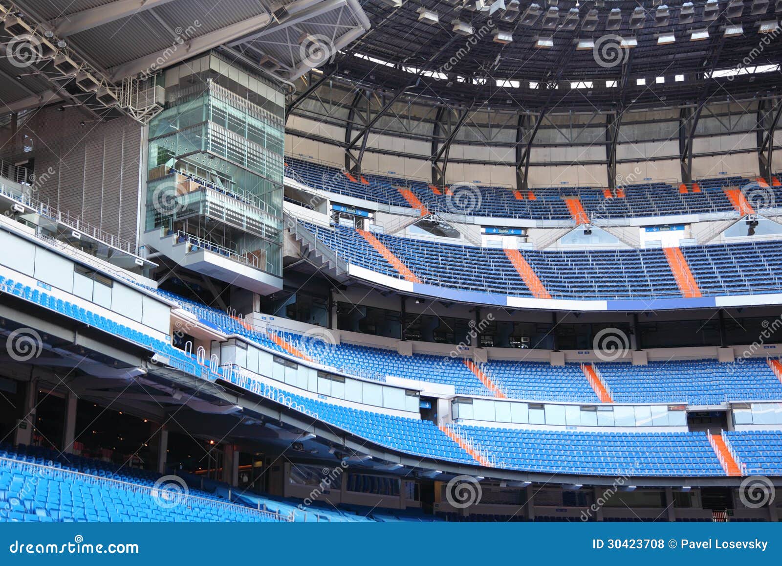Rows of Blue Seats for Fans at Empty Stadium. Stock Photo - Image of ...