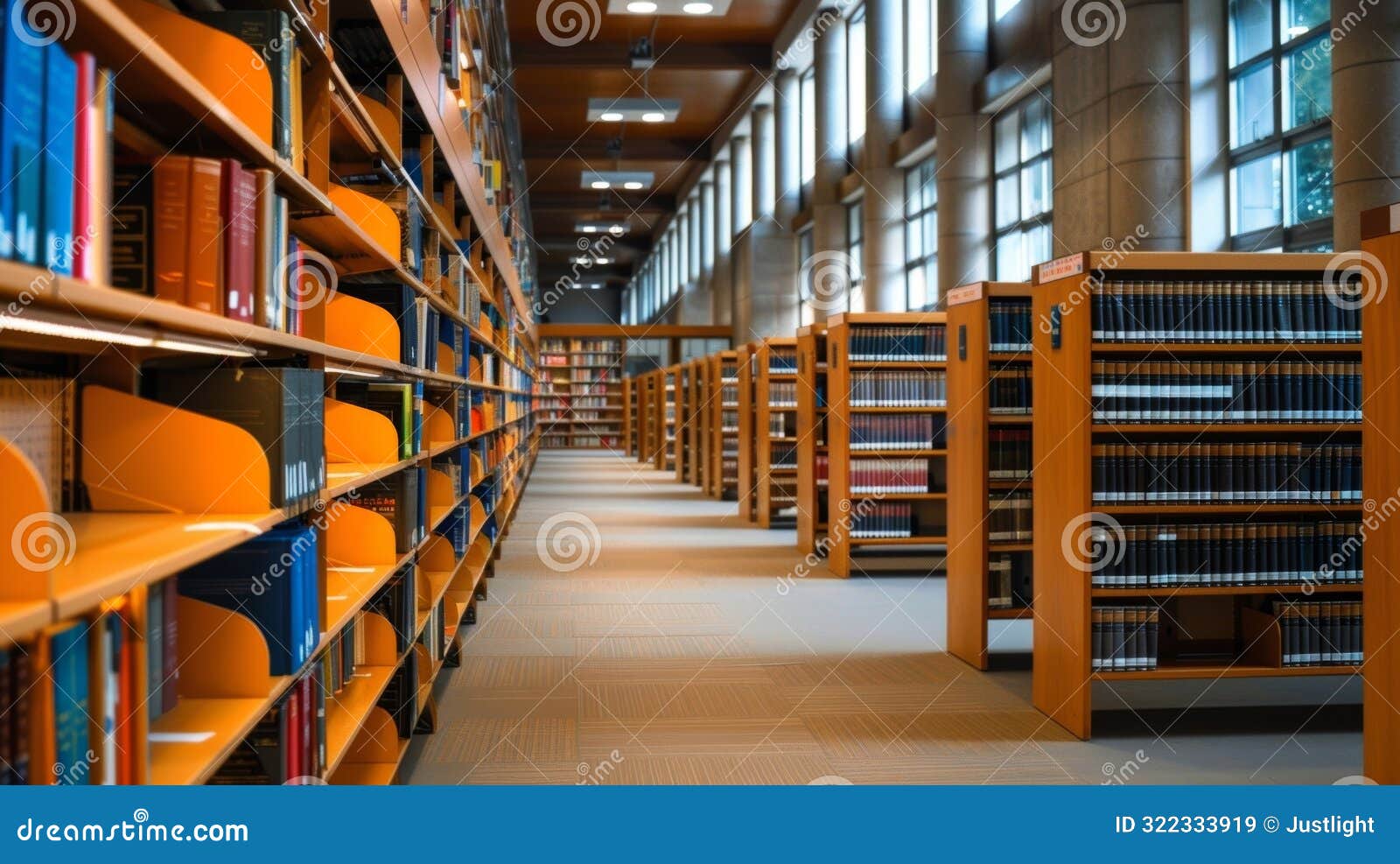 Rows of Bookshelves in a Library Lit Up by Energyefficient LED Lights ...