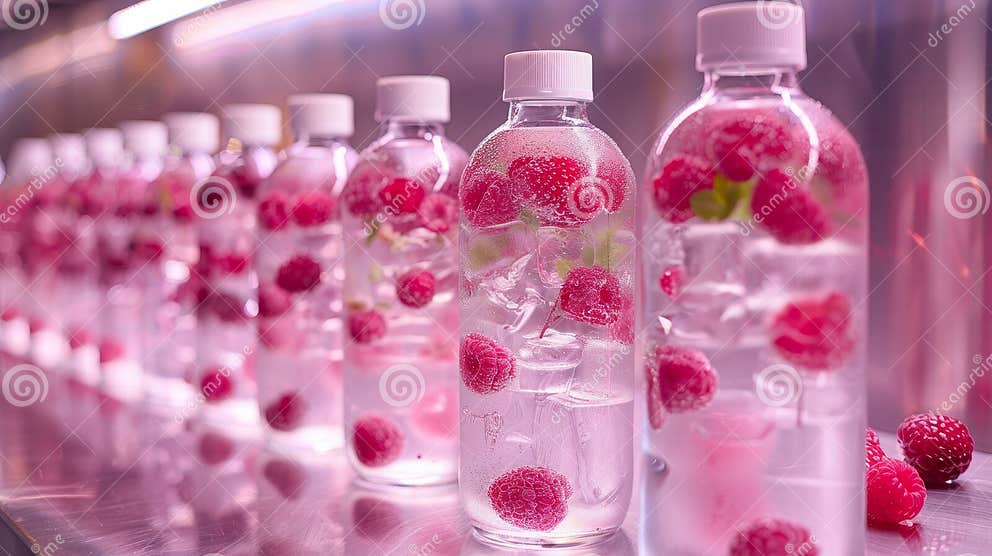Rows of Bottled Water with Raspberries and Ice Cubes Inside. Stock ...
