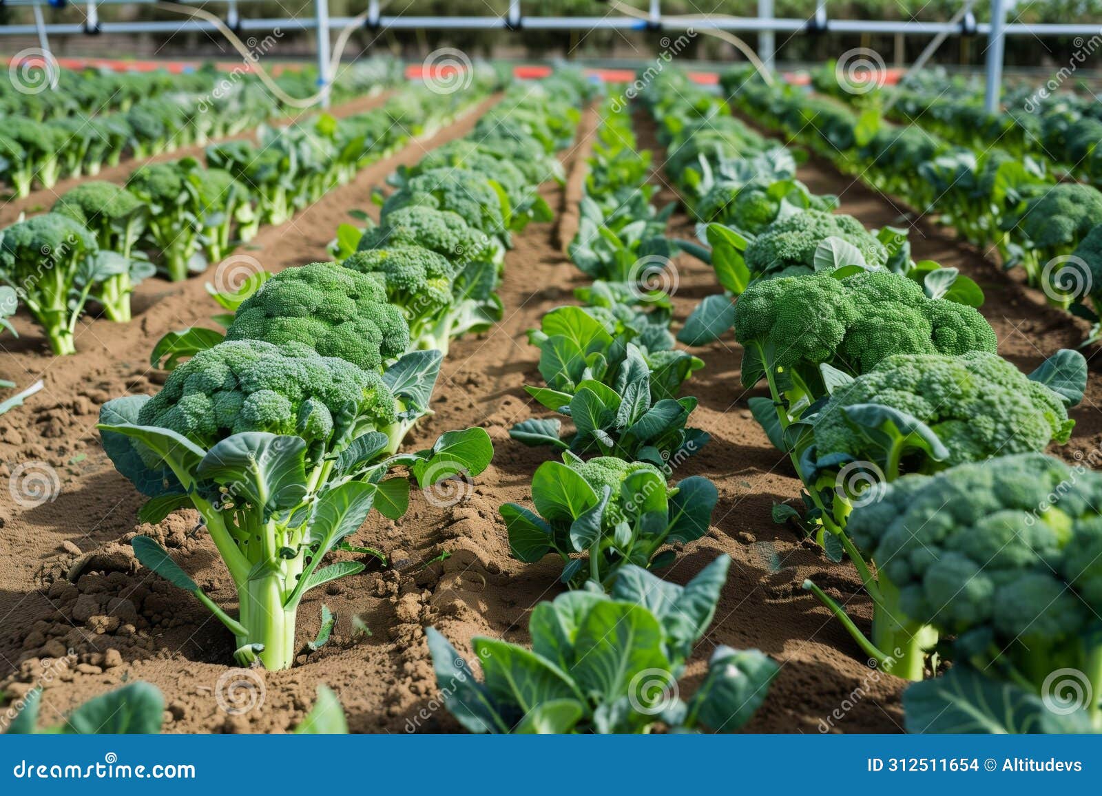 Rows of Broccoli Plants in the Soil with Irrigation System Overhead ...