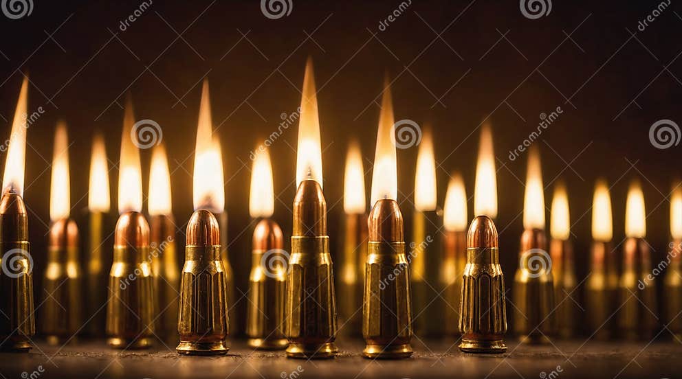 Bullets Arranged in Rows with Flickering Flames during a Dark Setting ...