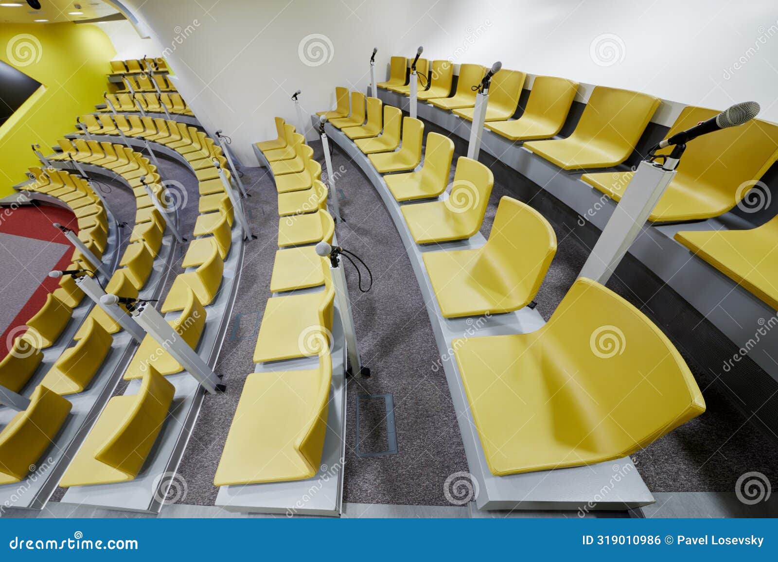 Rows of Chairs and Microphones in Auditorium, Side Stock Photo - Image ...