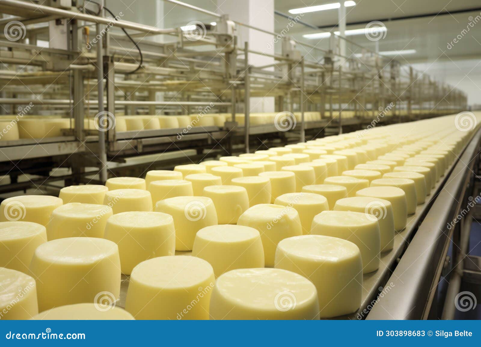 Rows of Cheese Wheels on an Assembly Line in a Modern Cheese Factory ...
