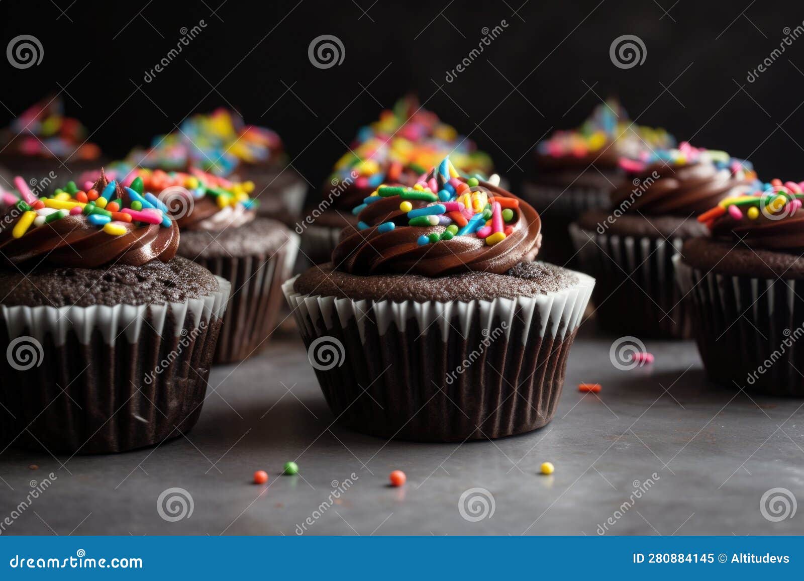 Rows of Chocolate Cupcakes with Rainbow Sprinkle Topping Stock Image ...