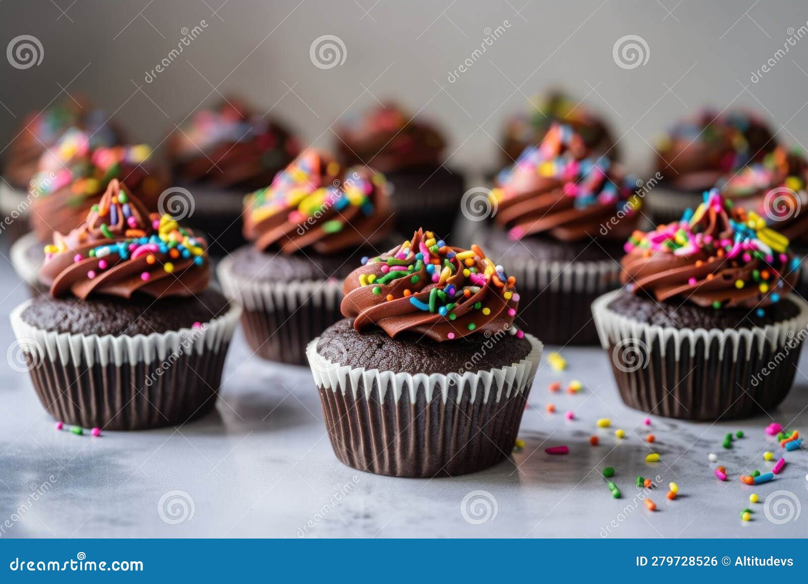 Rows of Chocolate Cupcakes with Rainbow Sprinkle Topping Stock ...