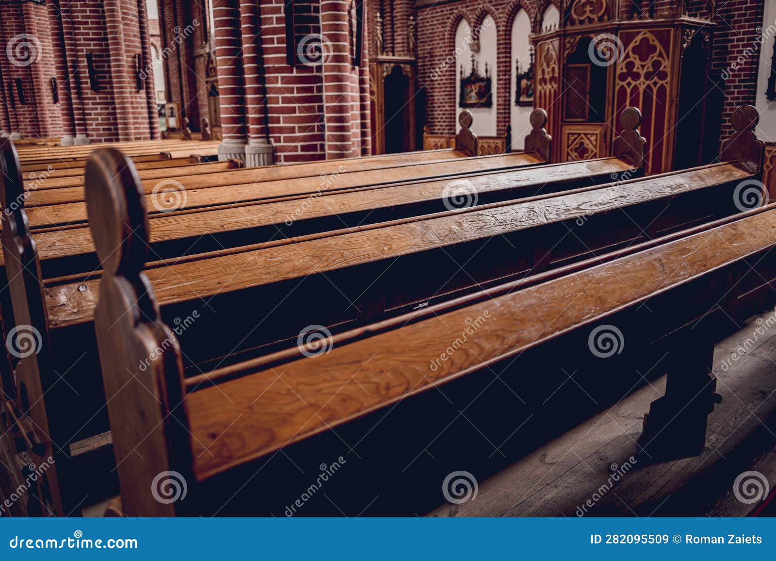 Rows of Church Benches at the Old European Catholic Church. Stock Image ...