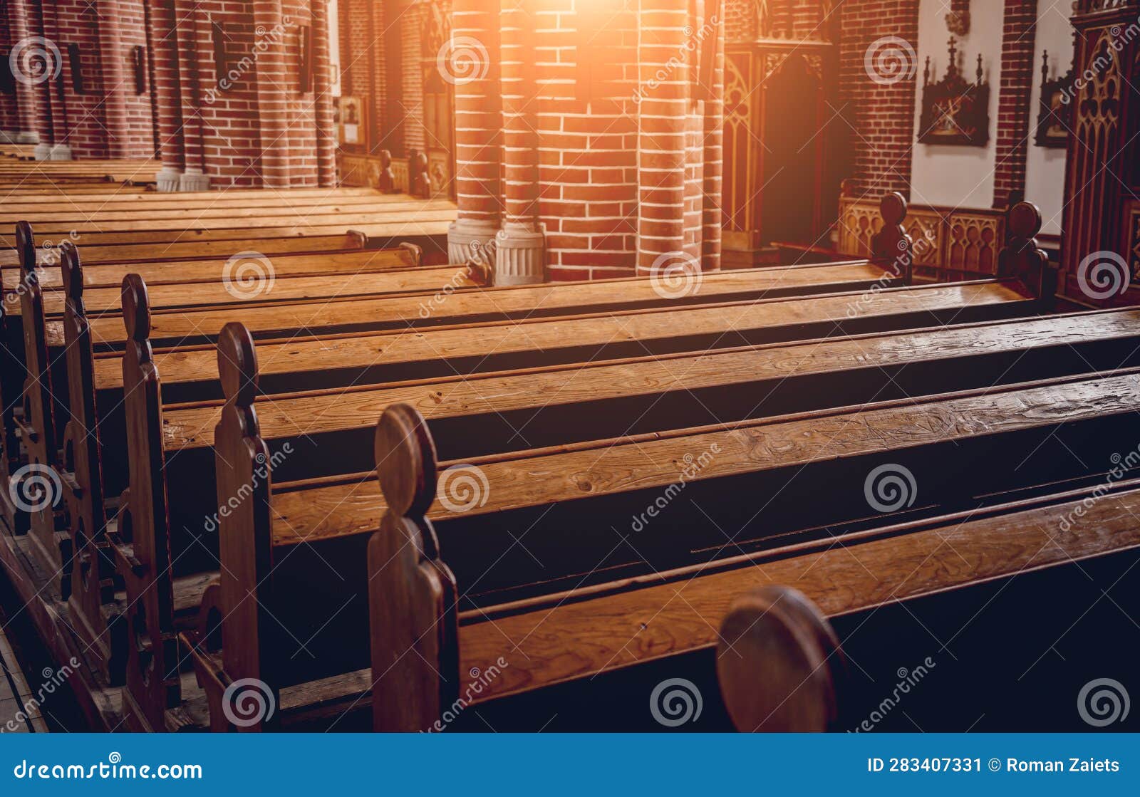 Rows of Church Benches at the Old European Catholic Church. Stock Image ...