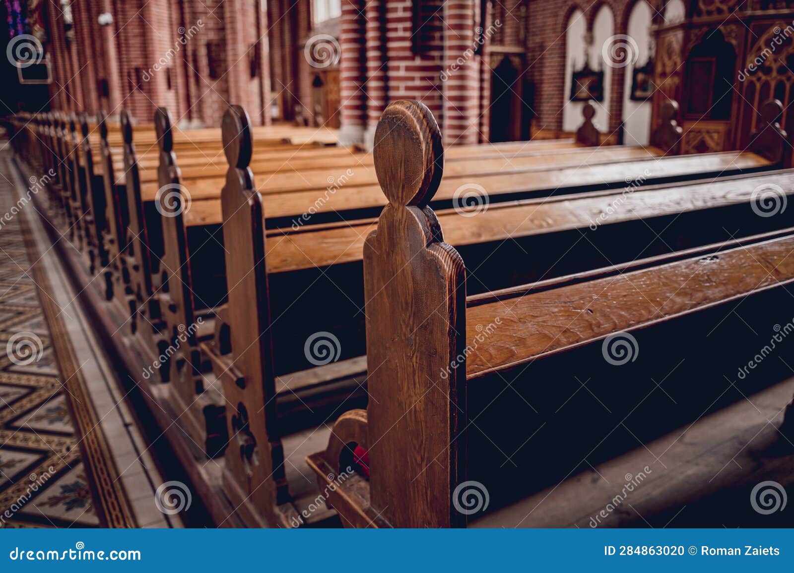 Rows of Church Benches at the Old European Catholic Church. Stock Photo ...