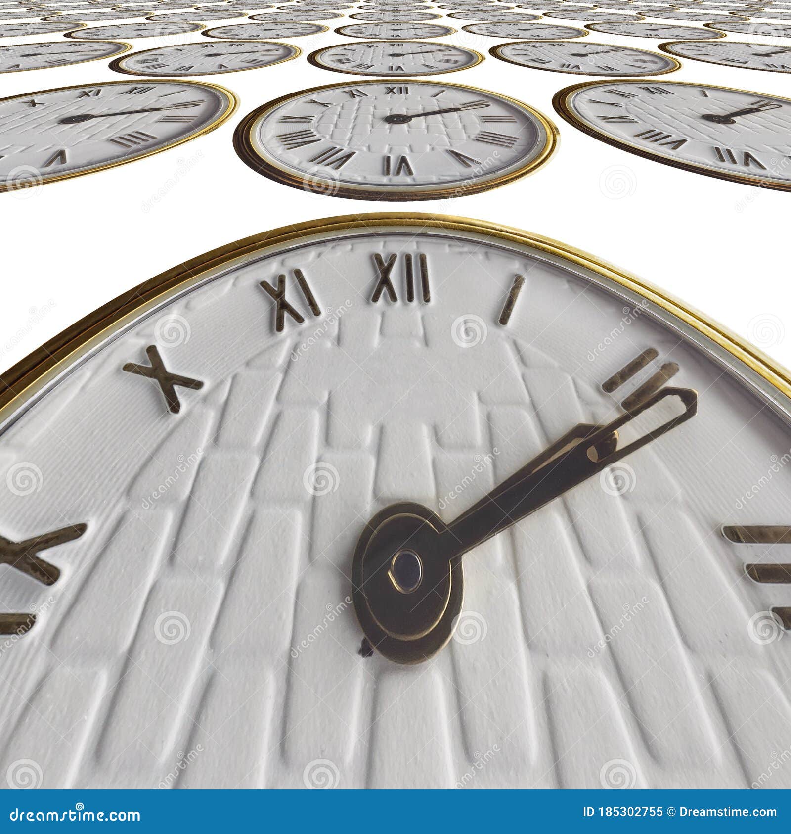 Rows of Clocks Stretching To Infinity Stock Image - Image of countdown ...