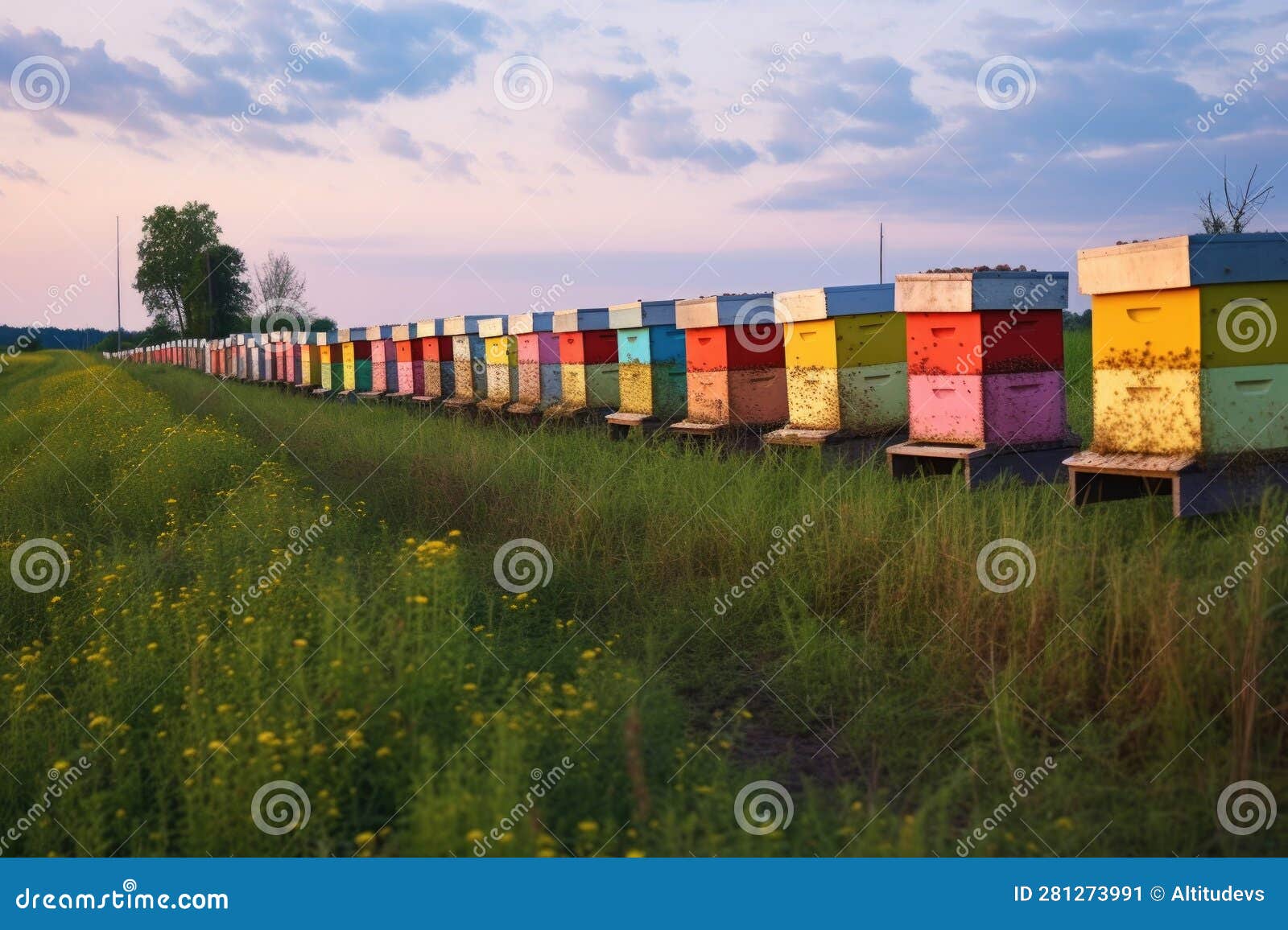 Rows of Colorful Beehives in Field Stock Illustration - Illustration of ...