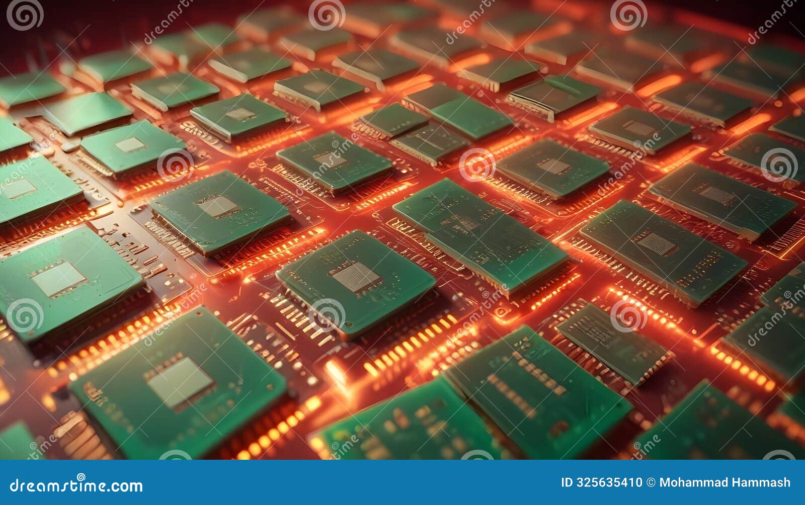 Rows of Computer Chips on a Circuit Board Glow with Intense Orange ...