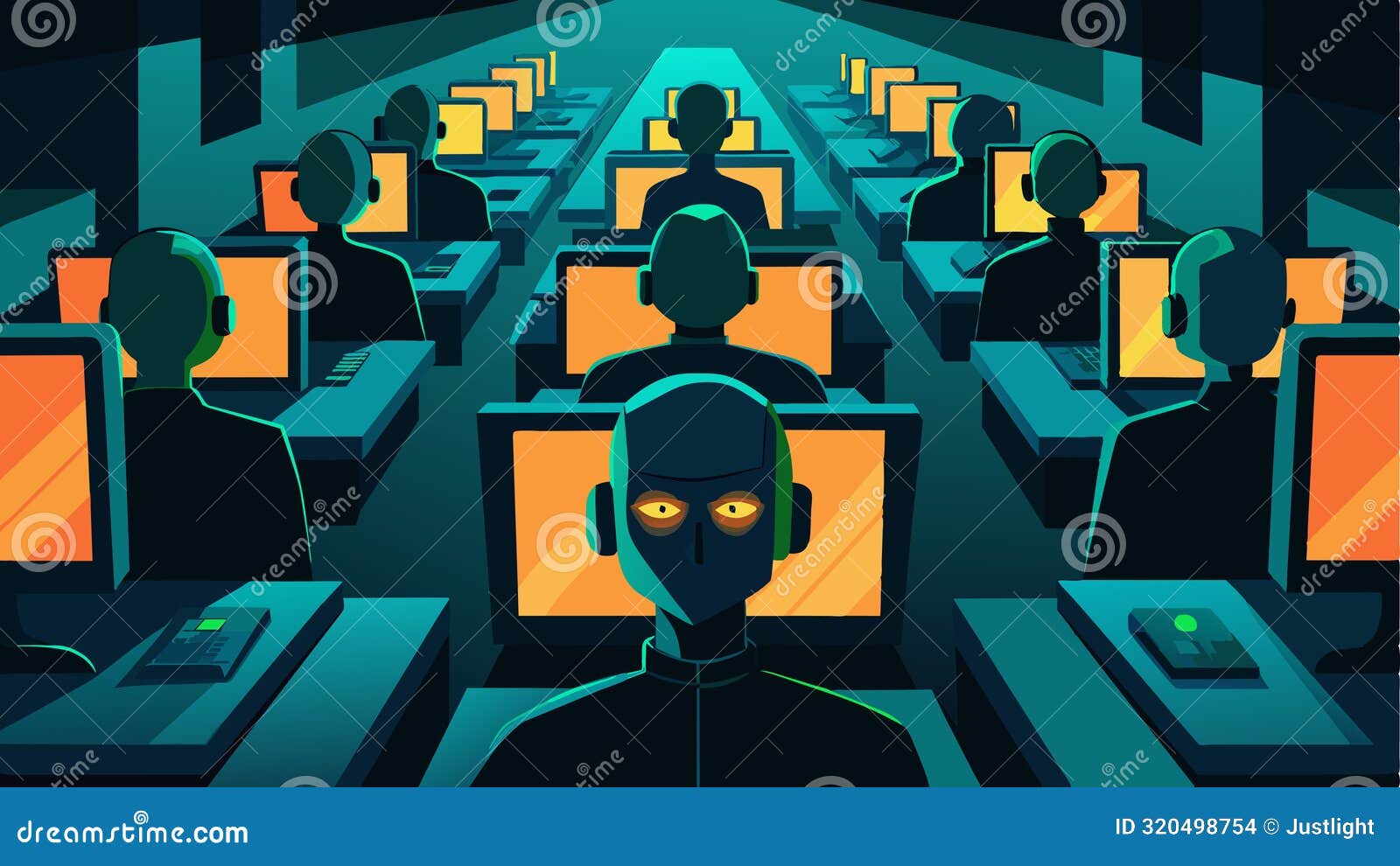 Rows of Computer Monitors Glowing in the Dimly Lit Lab Illuminating the ...