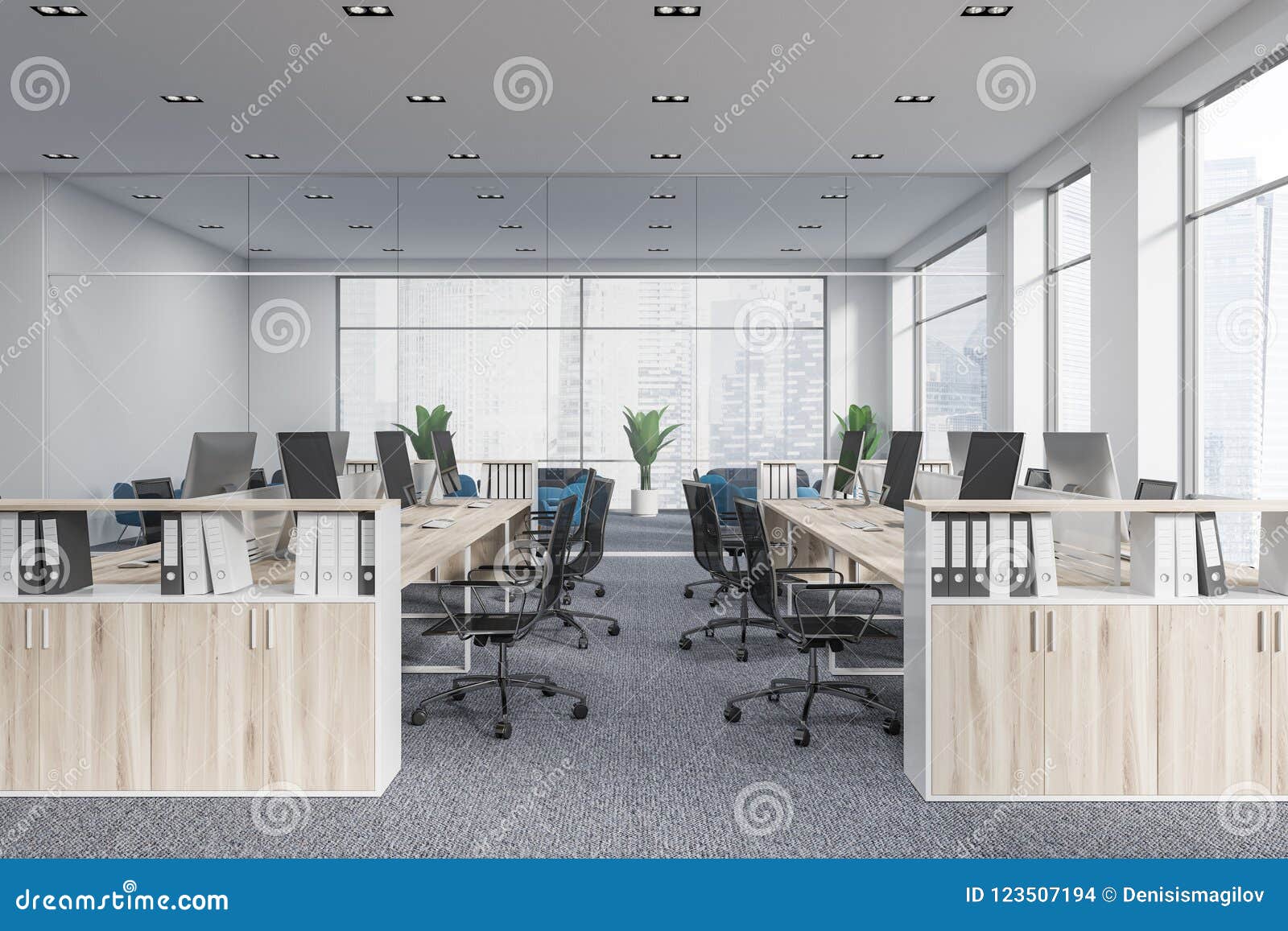 Rows of Computer Tables in Startup Office Cubicles Stock Illustration ...
