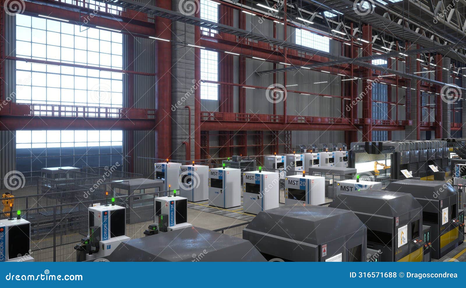 Rows of Computerized Equipment Units in Factory, 3D Render Stock ...