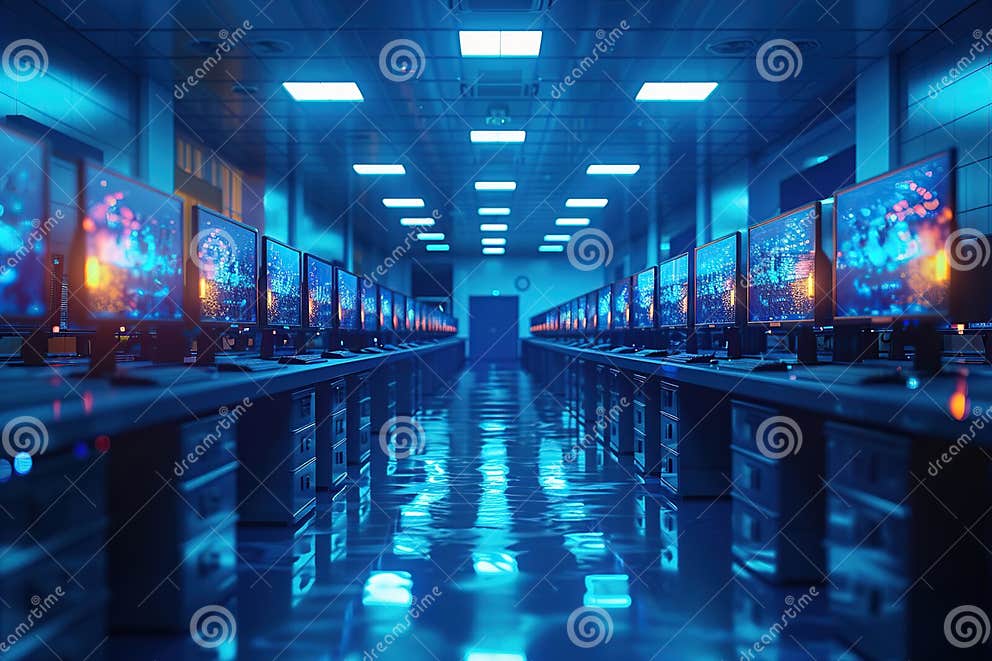 Rows of Computers in a Modern Office Space Stock Illustration ...