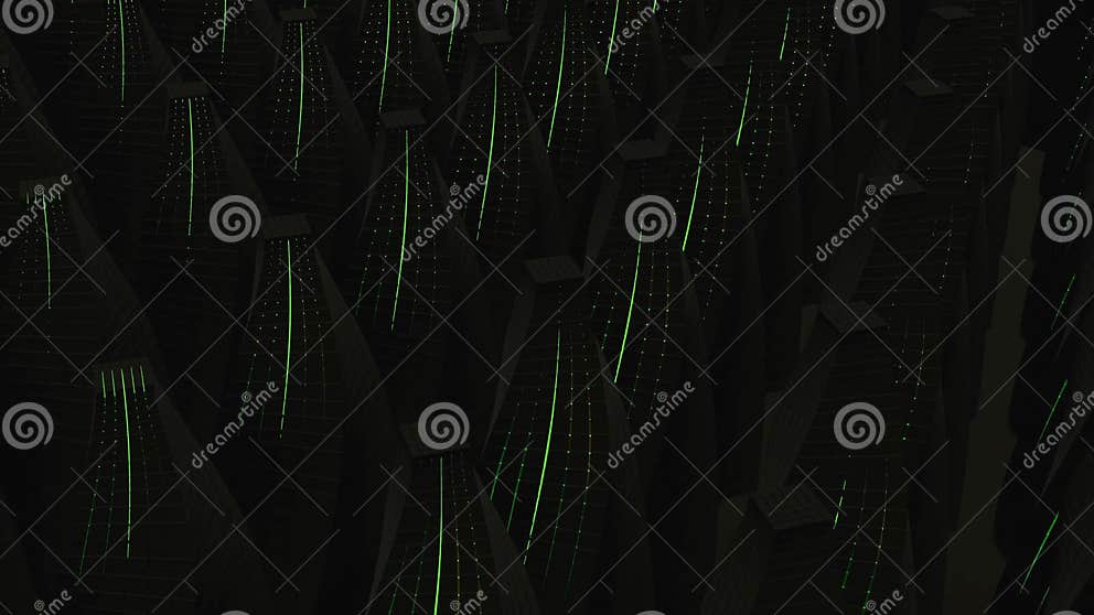 Rows of Cones with Neon Lines. Design. Animation with Dark Rows of ...