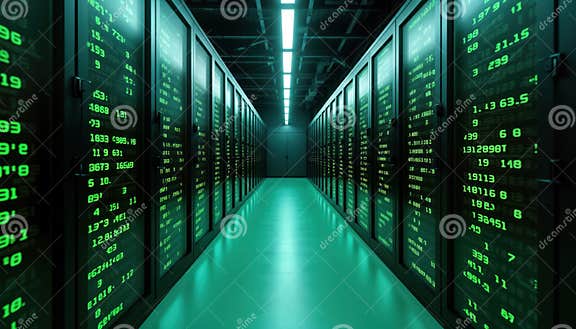 Rows of Dark Server Racks Fill Data Center. Glowing Green Screens ...