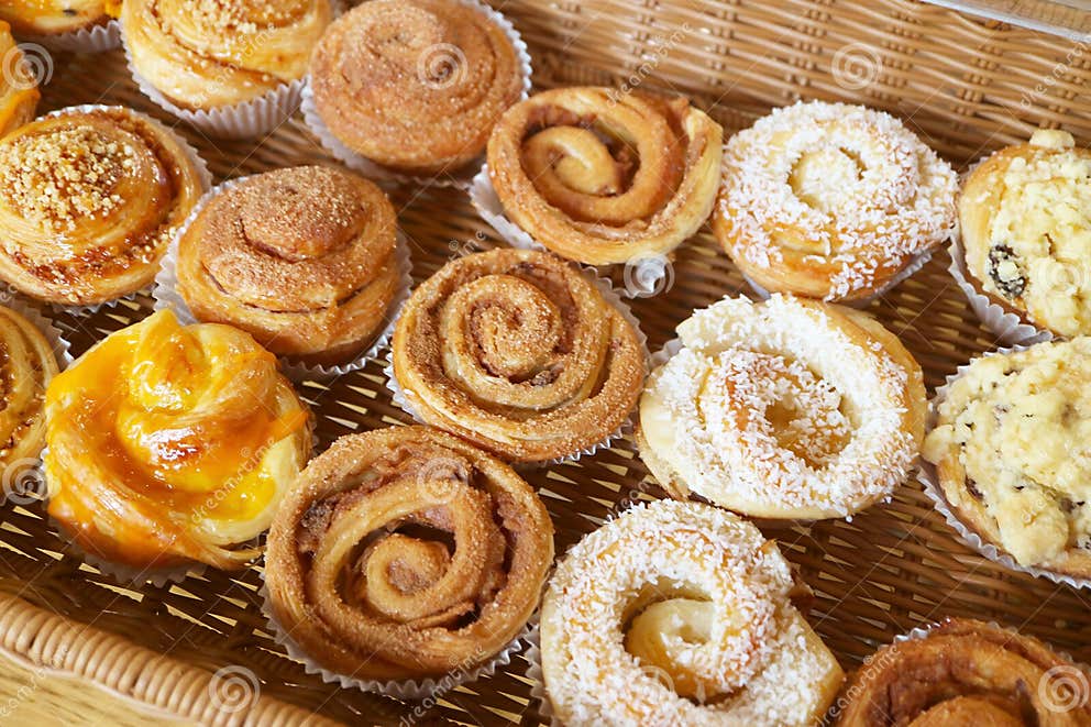 Rows of Freshly Baked Danish Rolls and Pastries a the Bakery Stock ...
