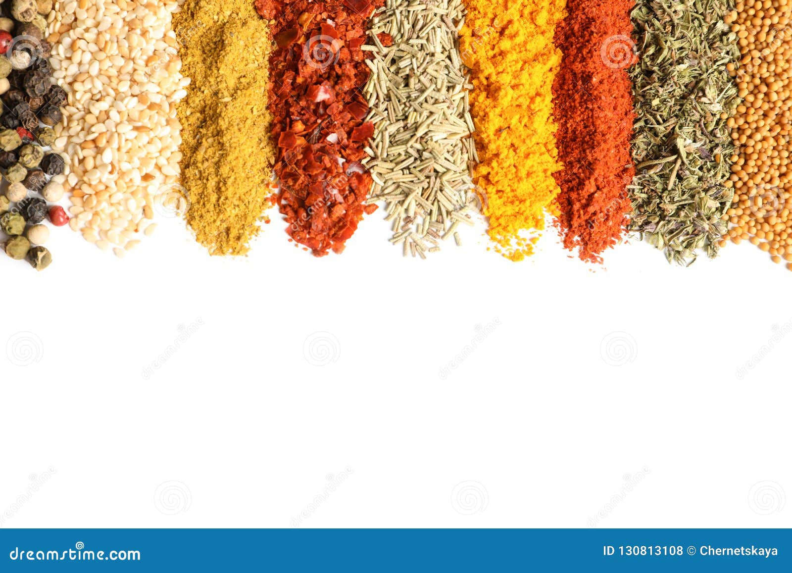 Rows of Different Aromatic Spices on White Background Stock Photo ...