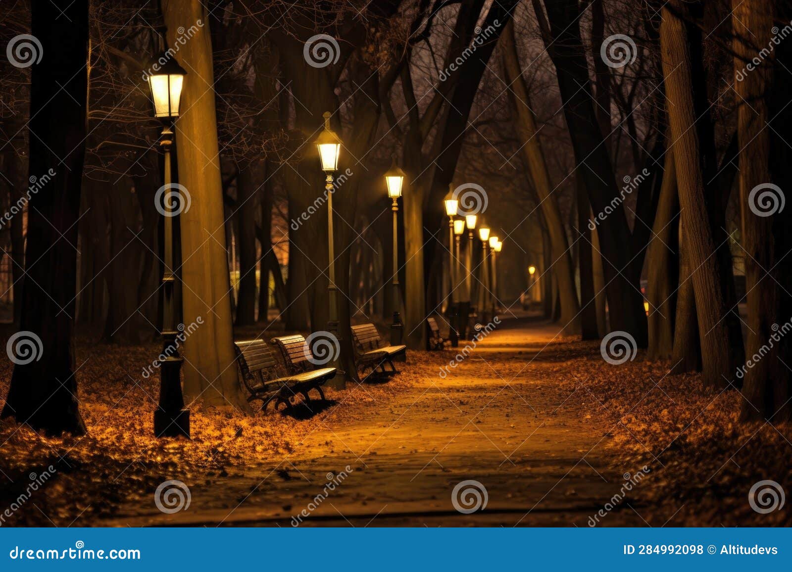 Rows of Dimly Lit Lampposts Along a Park Path Stock Illustration ...