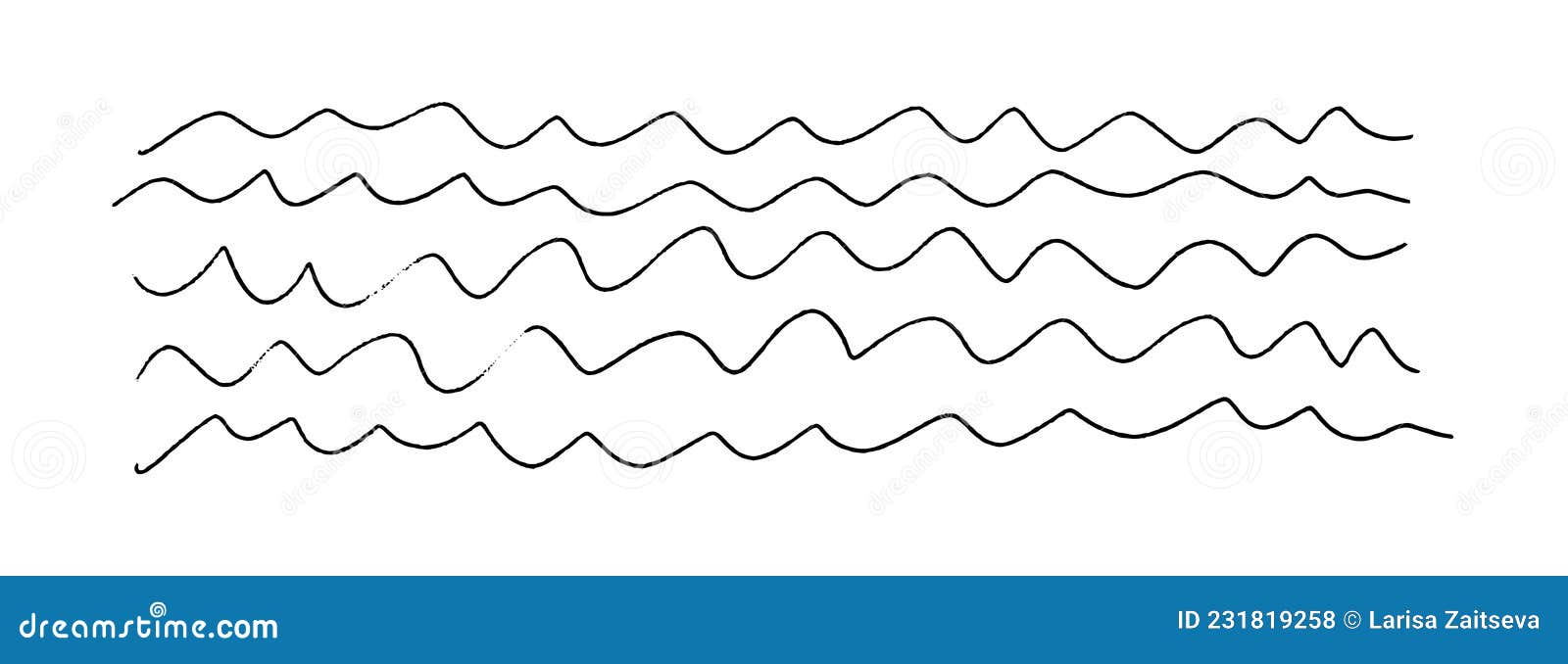 Rows of Doodle Waves. Hand-drawn Jagged Slender Long Wavy Shapes ...