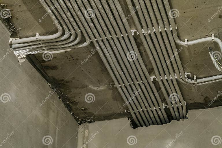 Rows of Electrical Cables Laid in the Corrugates on the Ceiling Stock ...
