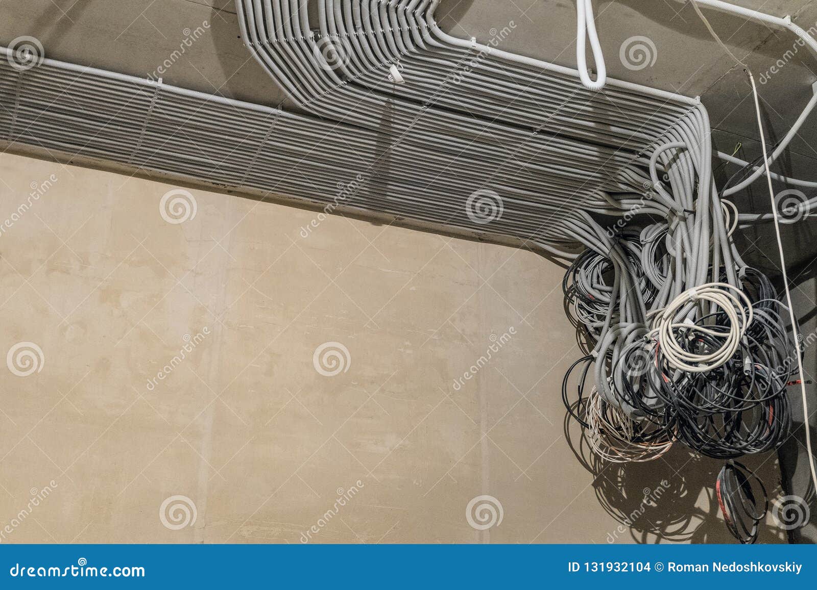 Rows of Electrical Cables Laid in the Corrugates on the Ceiling Stock ...