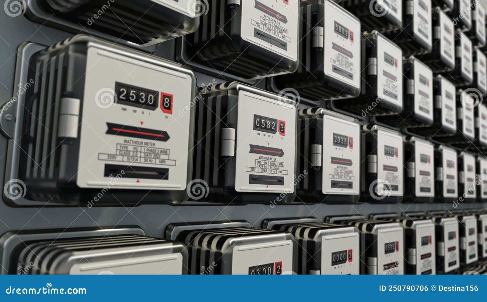 Rows Of Electricity Meters On The Wall. 3D Illustration | CartoonDealer ...