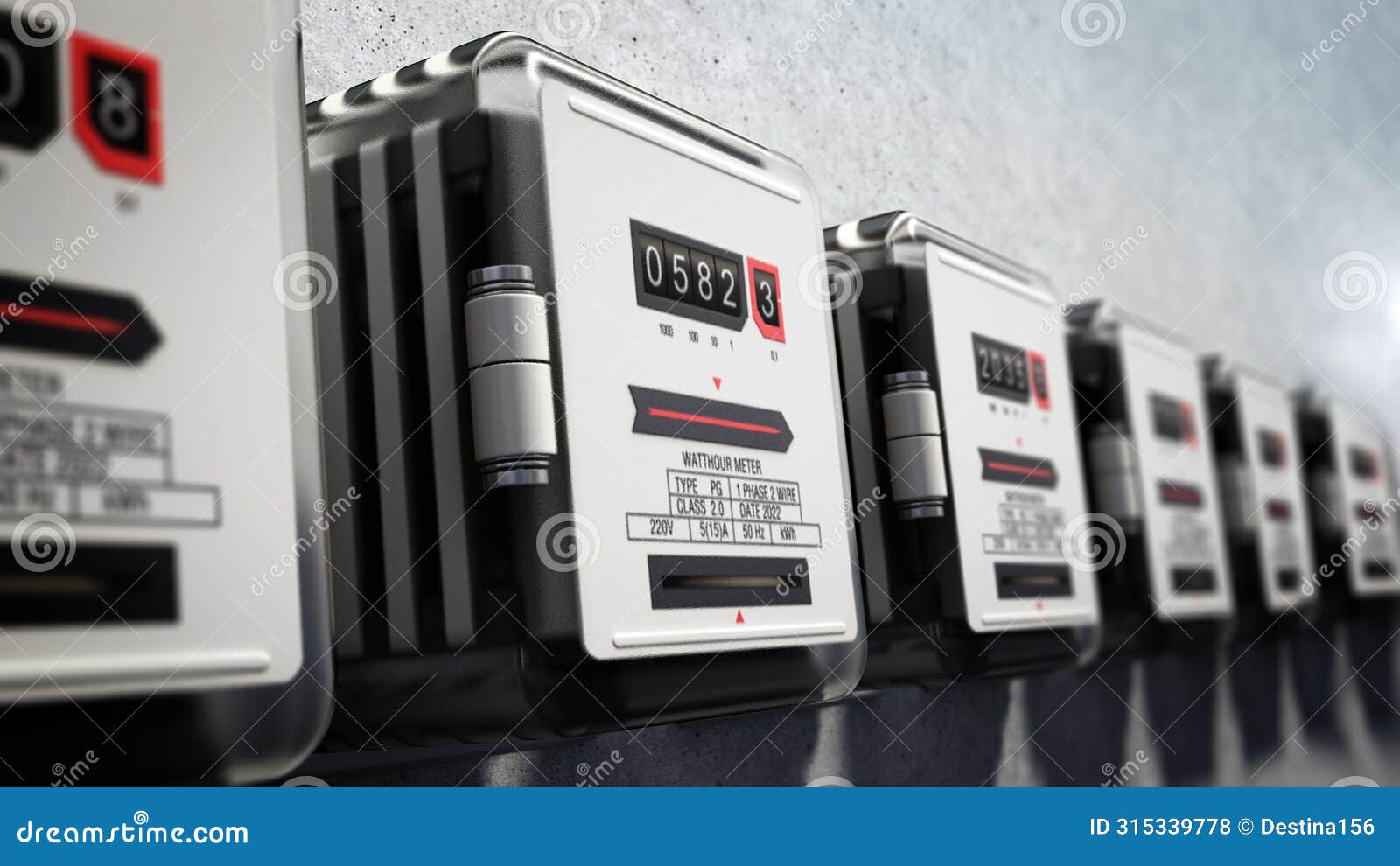 Rows of Electricity Meters on the Wall. 3D Illustration Stock ...