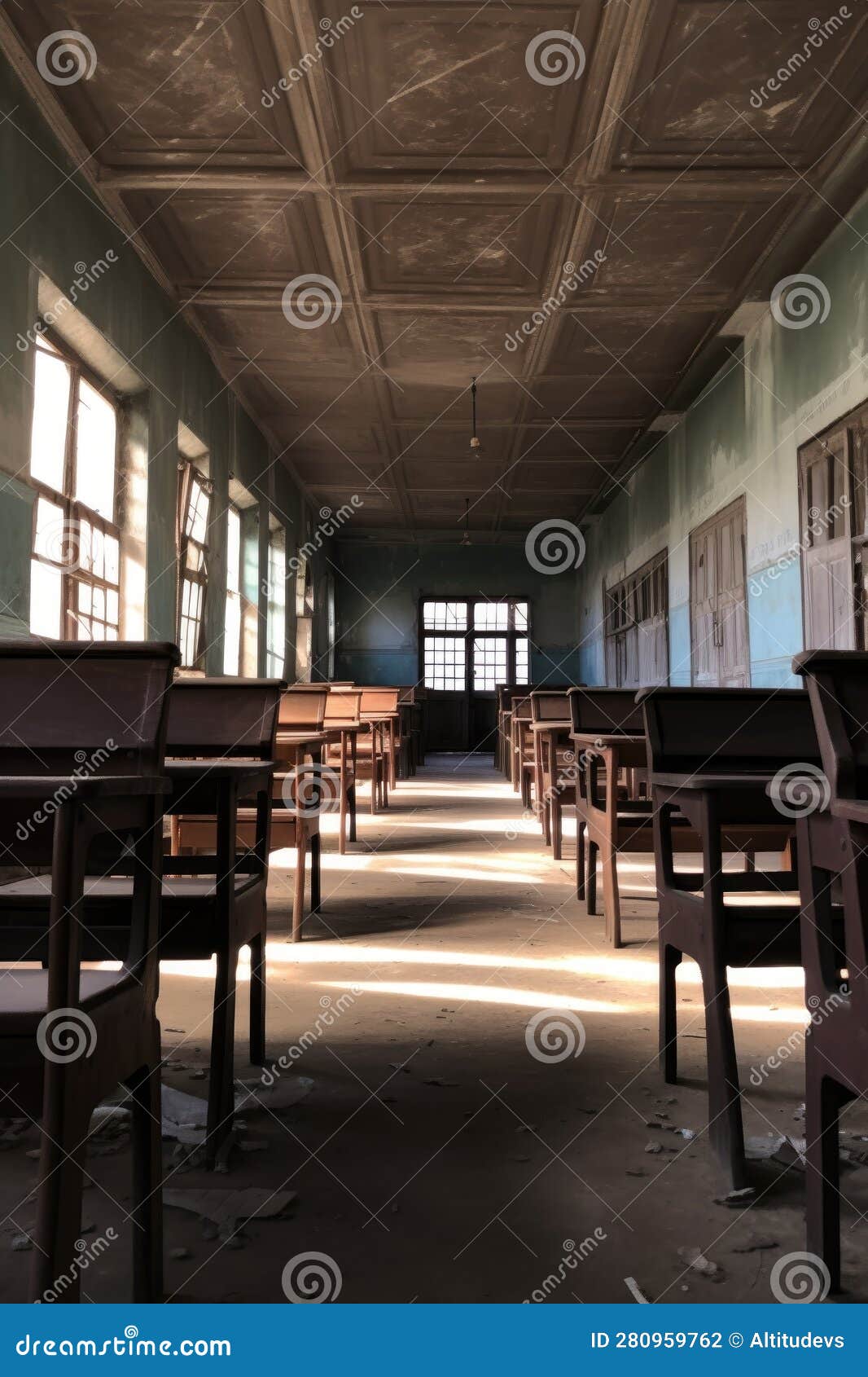Rows of Empty Desks and Chairs in a Classroom Stock Illustration ...