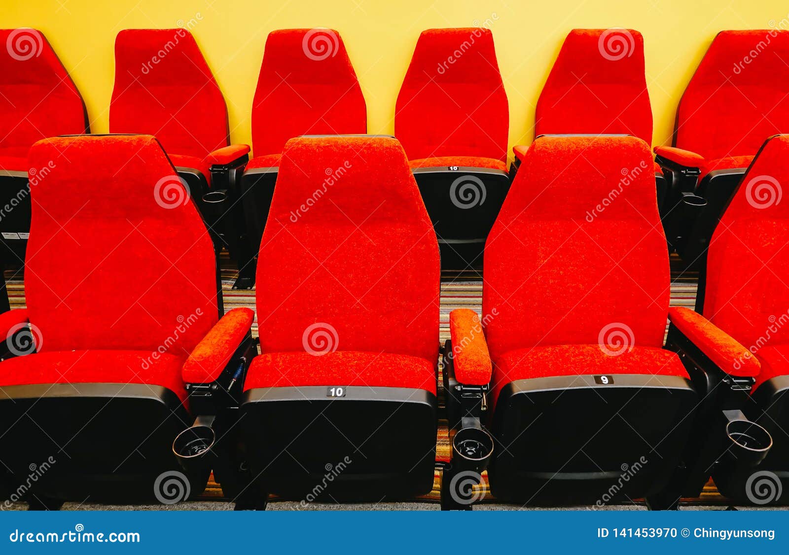 Rows of Empty Red Seats or Chairs in Conference Room Stock Photo ...