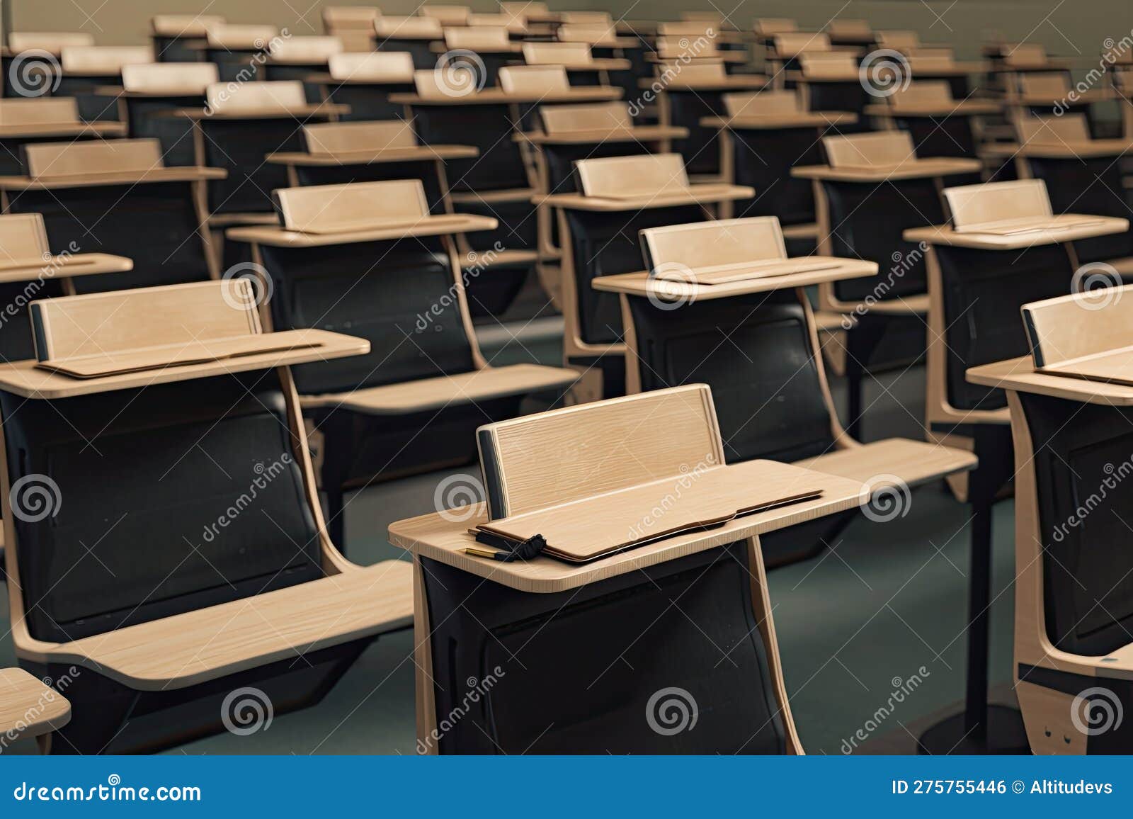 Rows of Empty Wooden Lecture Chairs in a Modern Classroom Setting, with ...