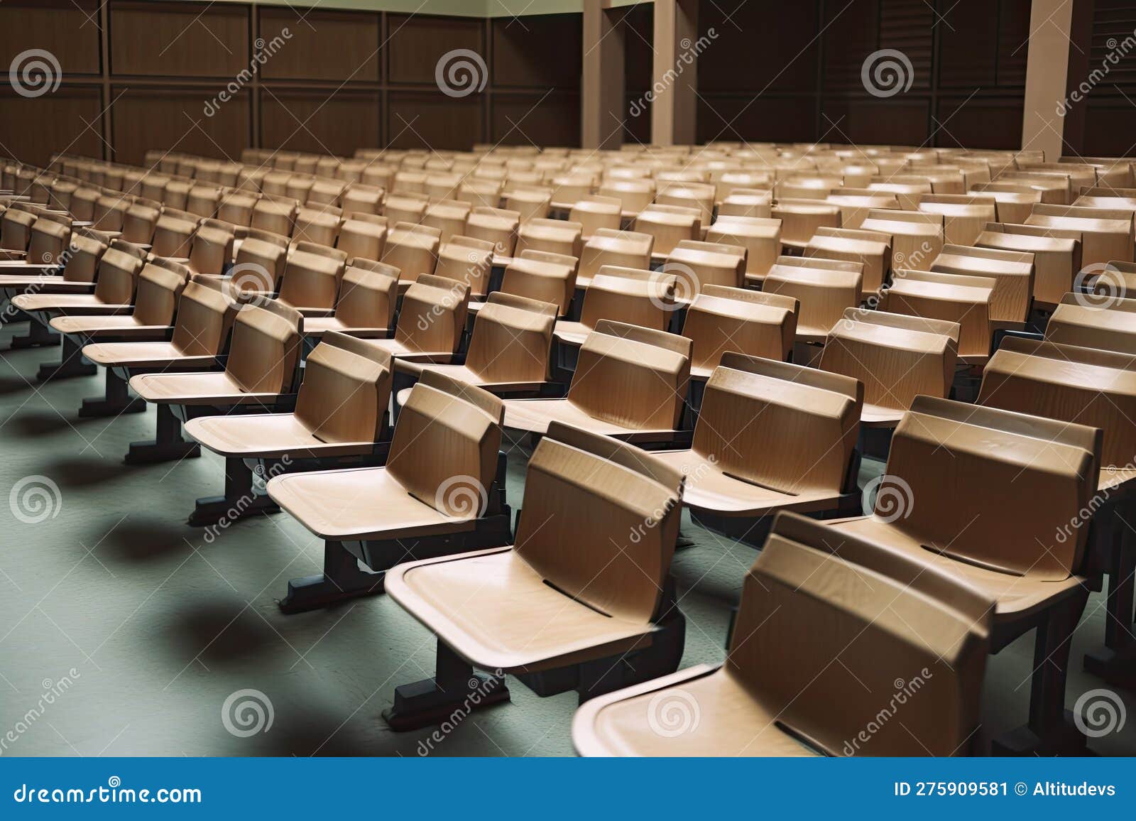 Rows of Empty Wooden Lecture Chairs in a Modern Classroom Setting, with ...