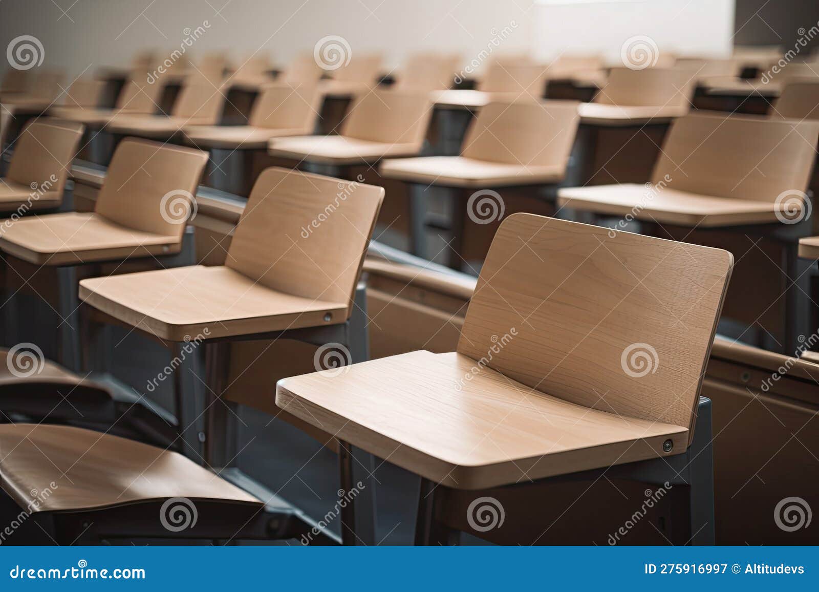 Rows of Empty Wooden Lecture Chairs in a Modern Classroom Setting, with ...