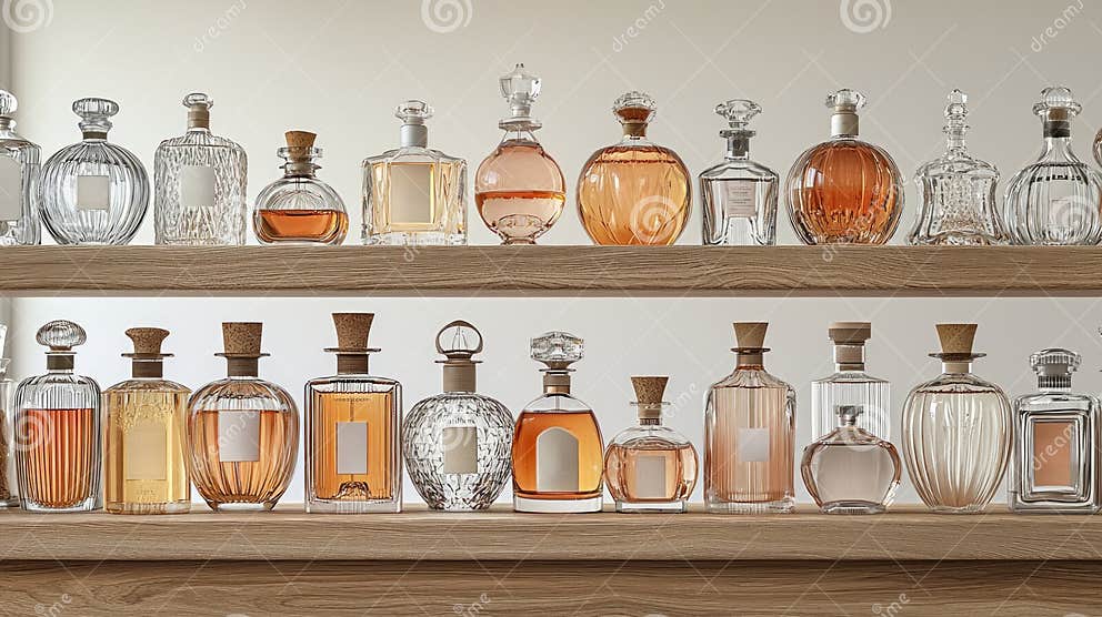 Rows Exquisite Glass Perfume Bottles Rest Wooden Racks Temperature ...
