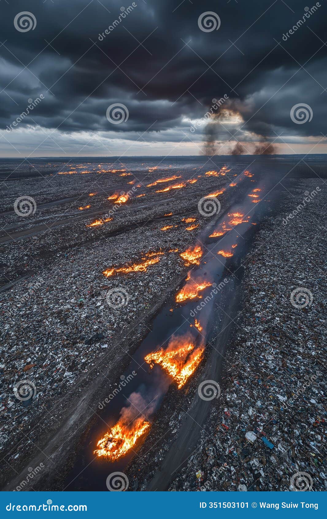 Rows of Fire Burning in a Huge Landfill at Sunset Stock Illustration ...