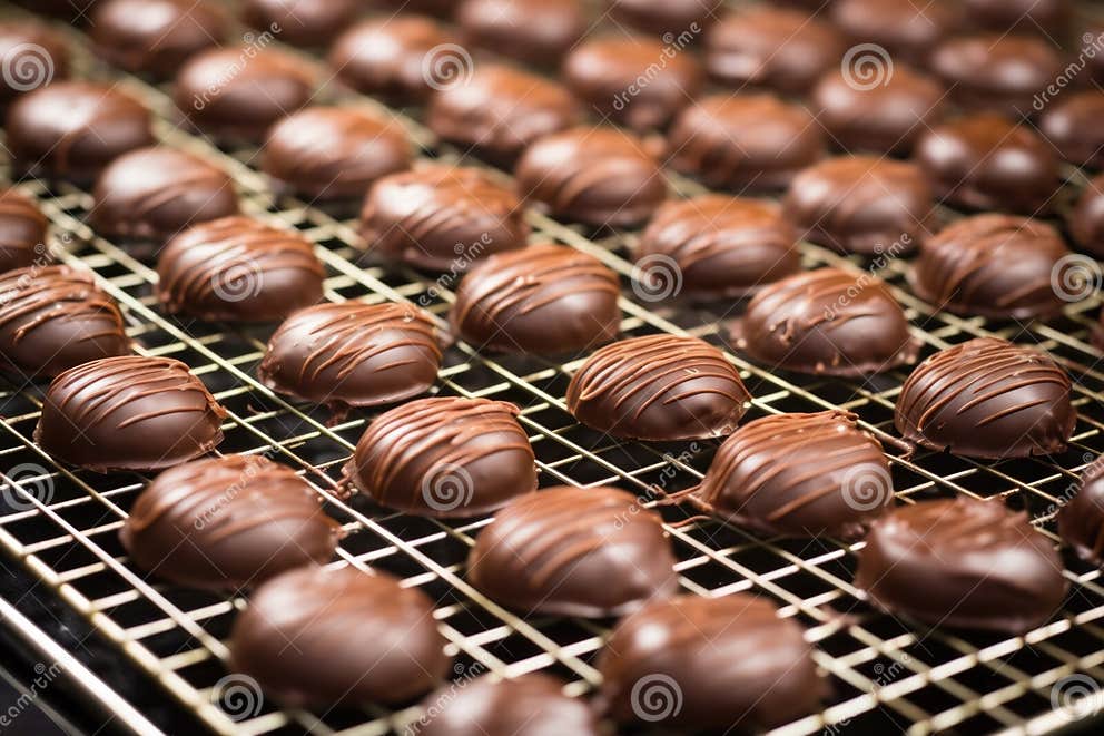 Rows of Freshly Made Chocolate Shells Cooling on a Rack Stock Photo ...