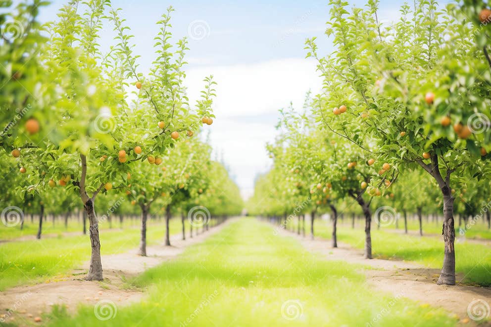 Rows of Fruit Trees in a Well-maintained Orchard Stock Image - Image of ...