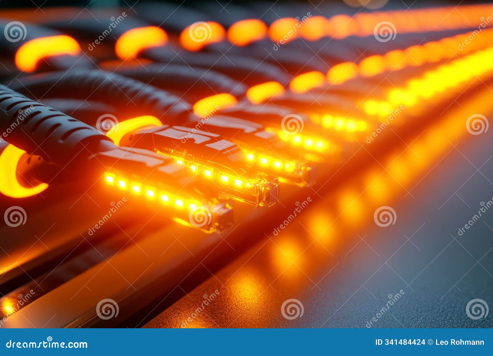 Rows Of Glowing Ethernet Cables Connected To A Server Rack Representing ... Rows Of Glowing Ethernet Cables Connected To A Server Rack Representing ...